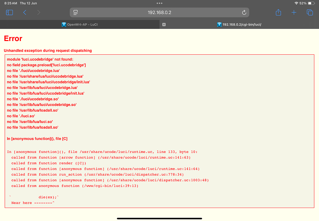 Luci interface error “ Unhandled exception during request dispatching” - Installing and Using ...