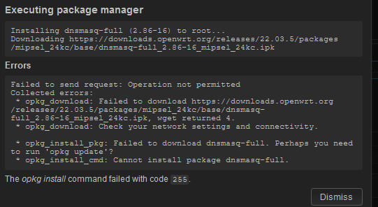 [Solved] dnsmasq-full install error 255 - Installing and Using OpenWrt - OpenWrt Forum